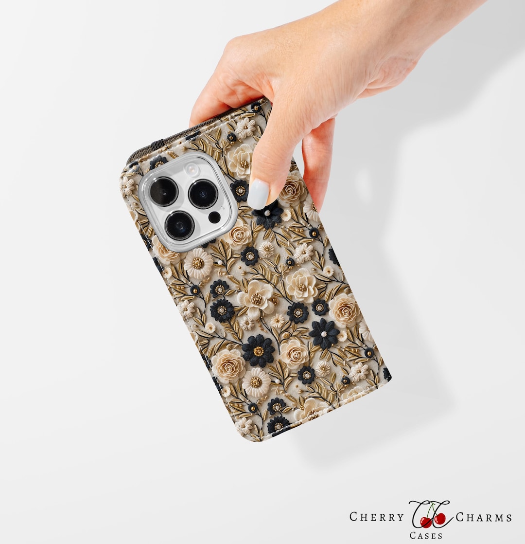 Elegant 3D Floral Flip Case, Black and White Flower,faux Leather Wallet ...
