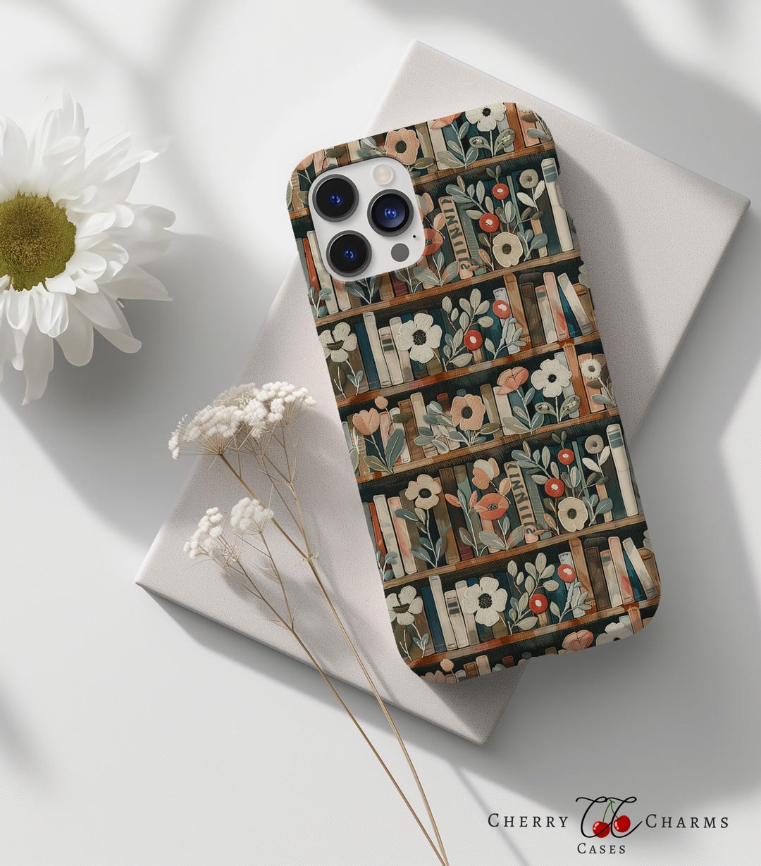 Bookshelf Phone Case, Cottagecore Cover, Book Lover, Floral and Book ...