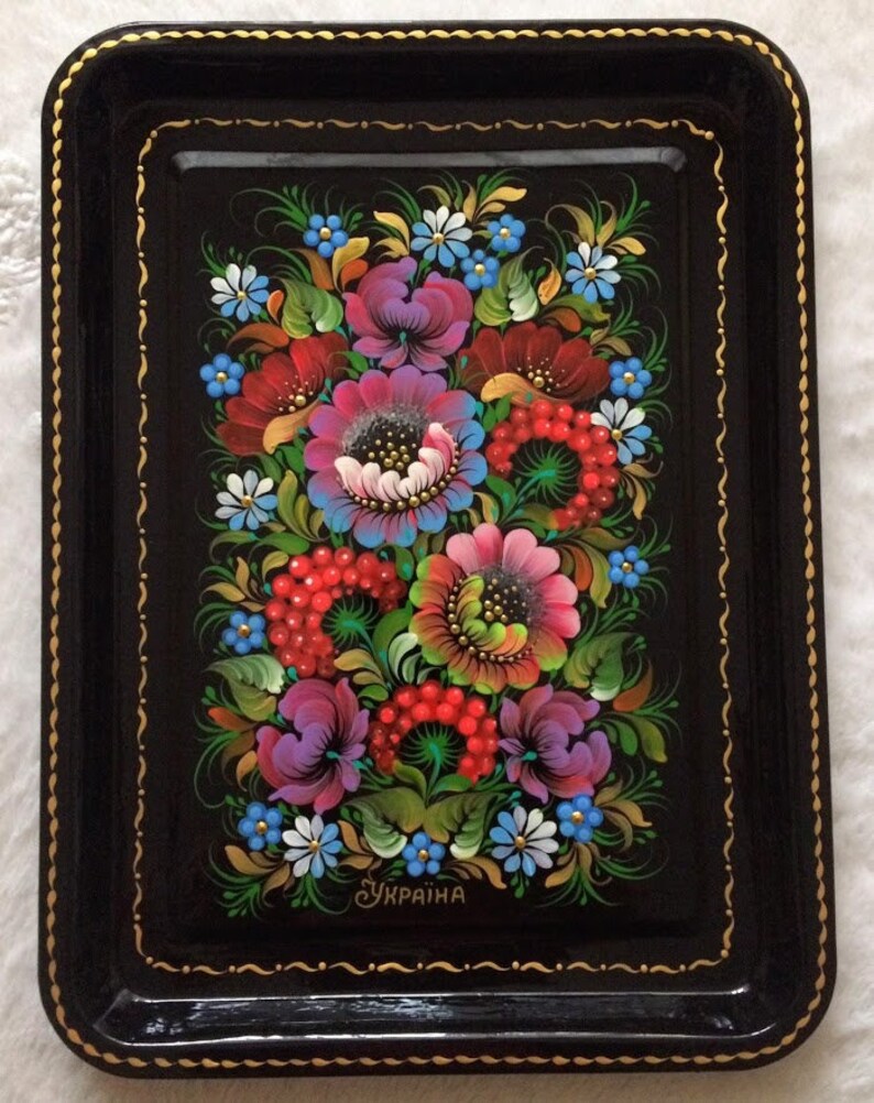 Rectangular Metal Tray Hand-painted Tray With Flowers Kitchen Tray Gift ...