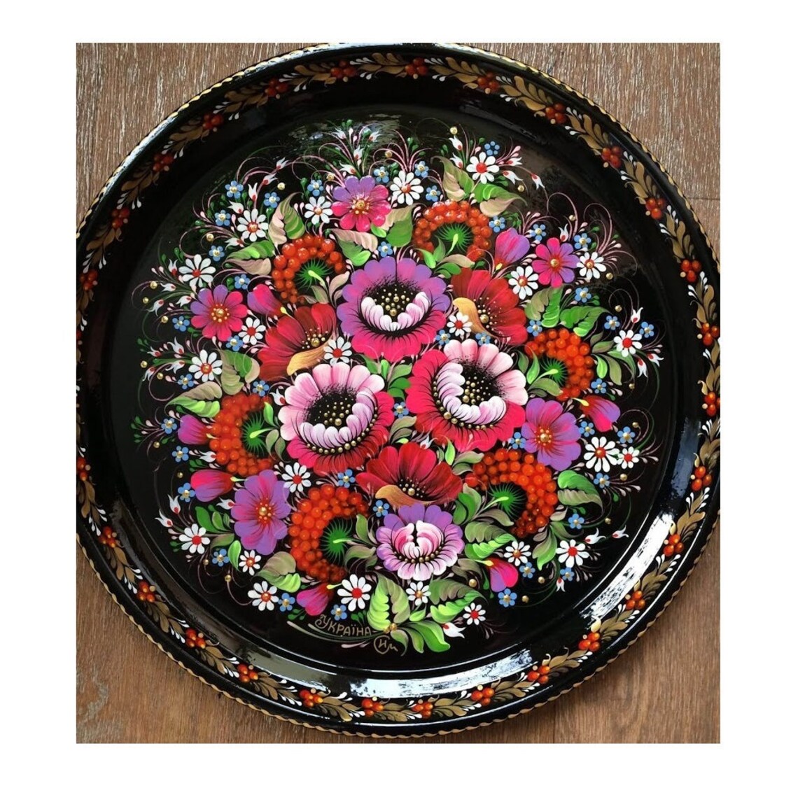 Round Metal Tray Hand-painted Kitchen Tray Serving Tray With a Flower ...
