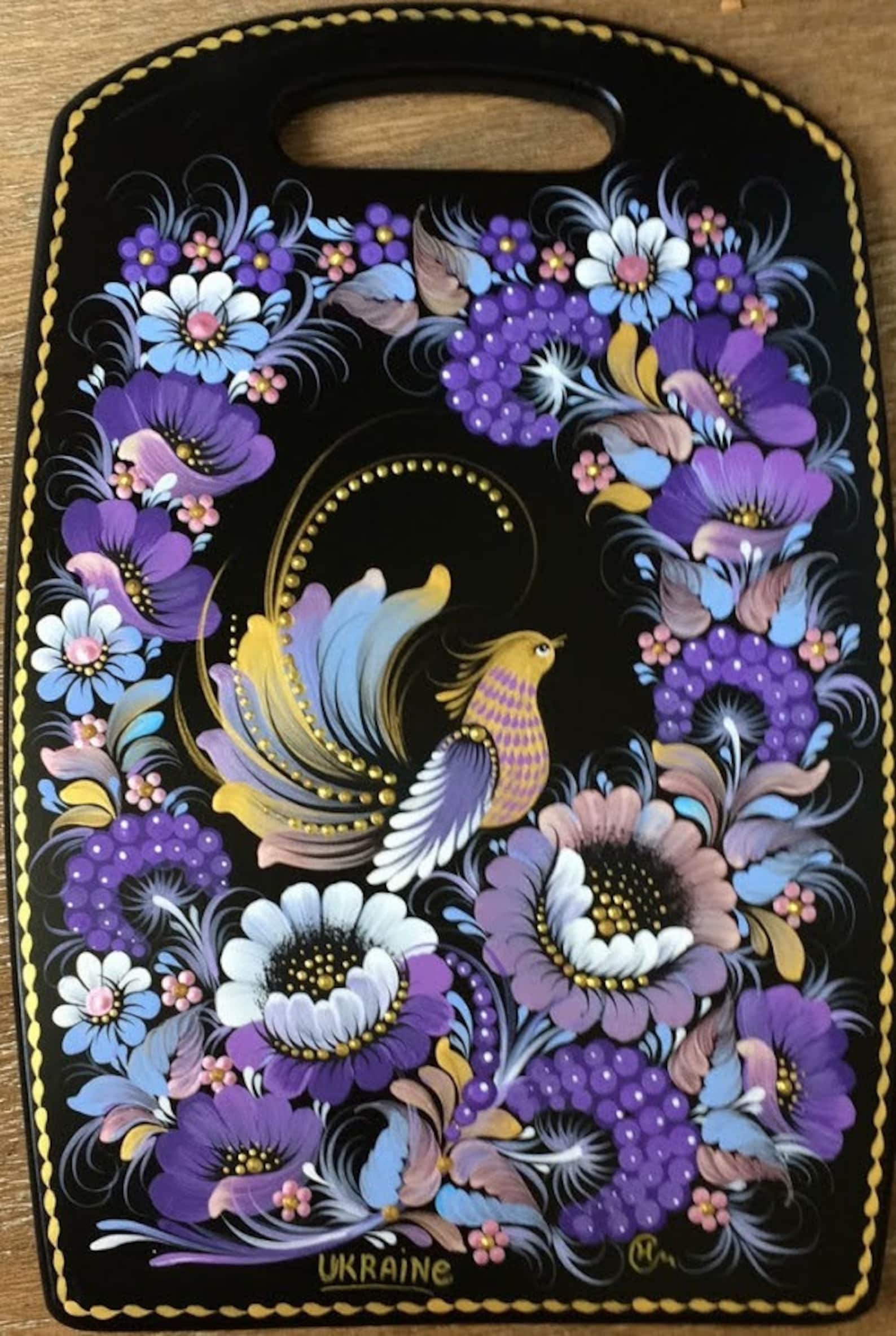 Hand-painted Petrykivka Cutting Board: Ukrainian Folk Art Bird Decor - Etsy