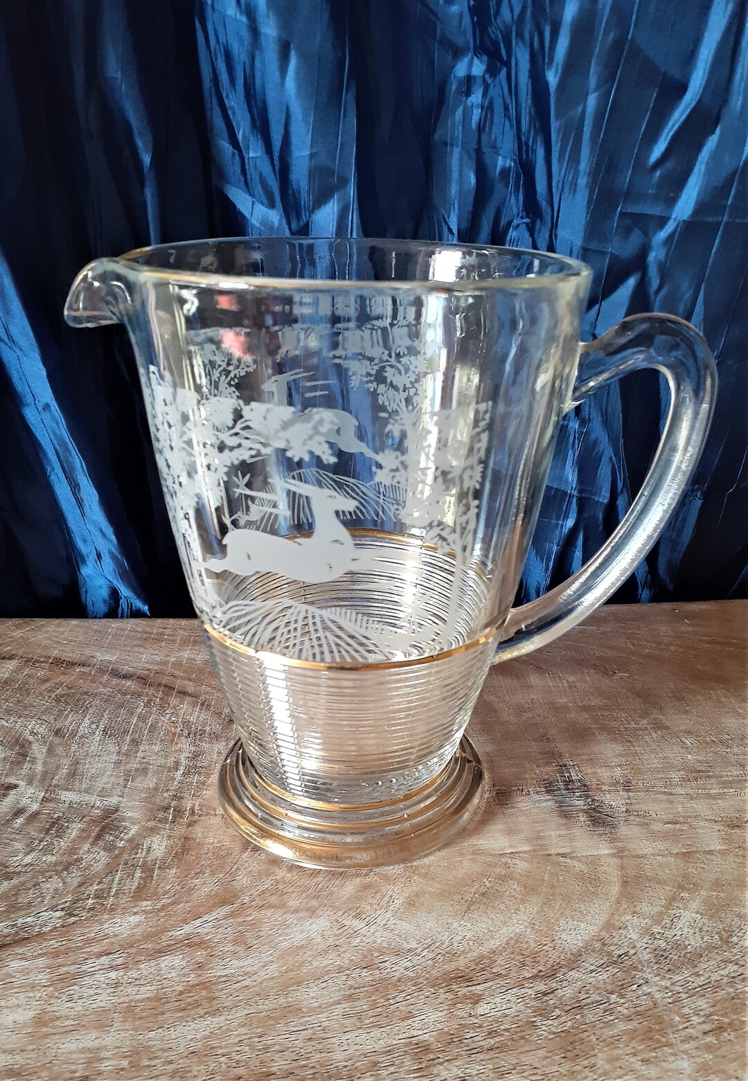 Mid-century Jug With White Deer Panels, Deer Leaping Through a Forest ...