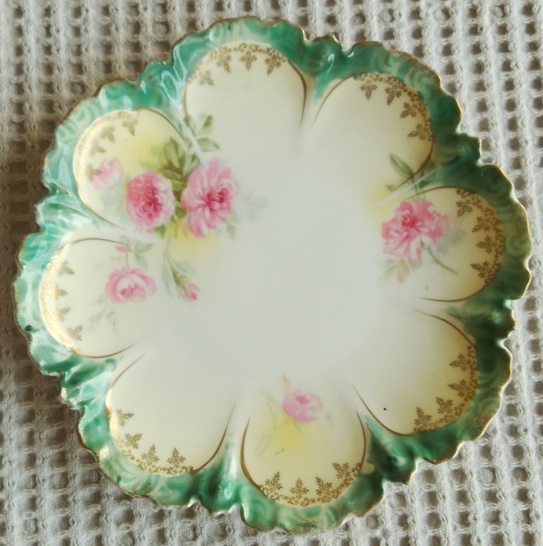 Two Antique RS Prussia Porcelain Plates With Pink Roses and a Green and ...