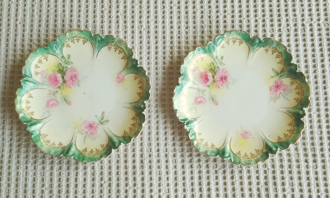 Two Antique RS Prussia Porcelain Plates With Pink Roses and a Green and ...