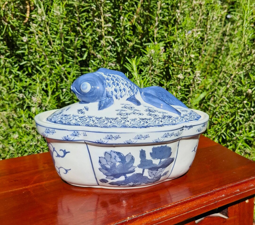 Vintage Chinoiserie Koi Fish Serving Dish – Hand-painted and ...
