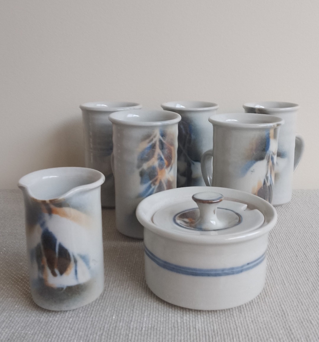 Vintage Jan Lewis Pottery Mugs, Creamer and Sugar Bowl, 1980s Bessemer ...