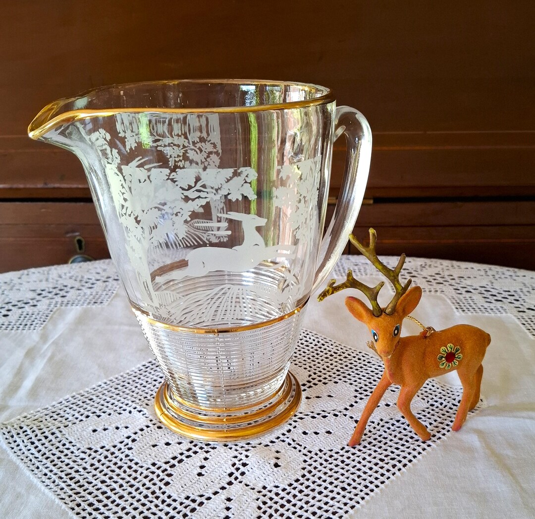 Vintage Etched Glass Jug – Leaping Deer, Gold Rim, 1940s Christmas ...