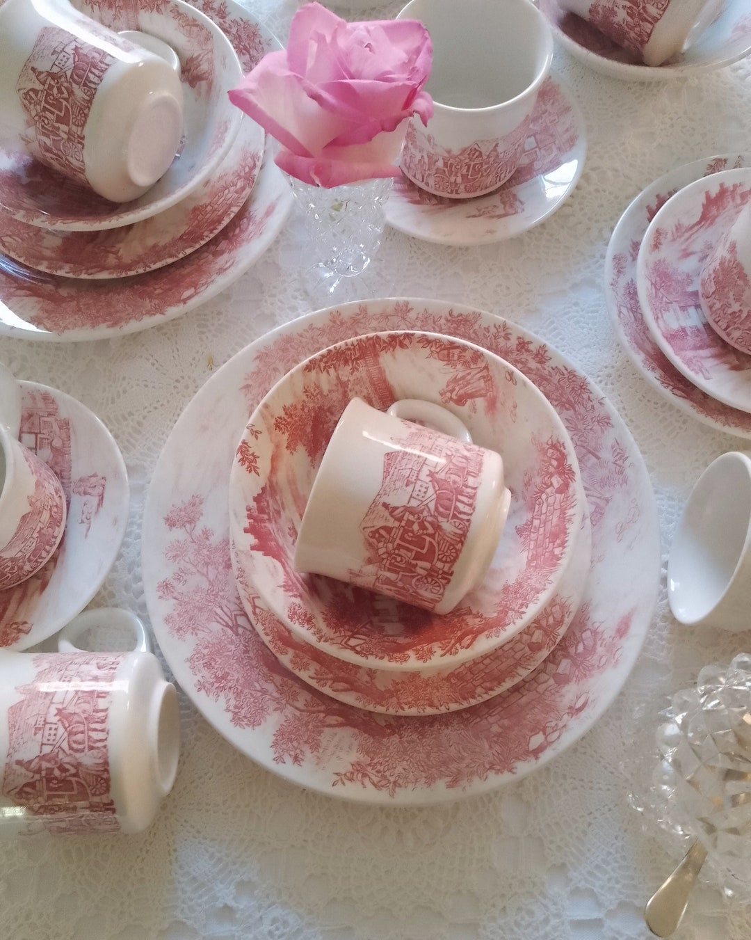 Vintage Churchill Swan Inn Horses Coach Pink Transferware Dinnerware ...