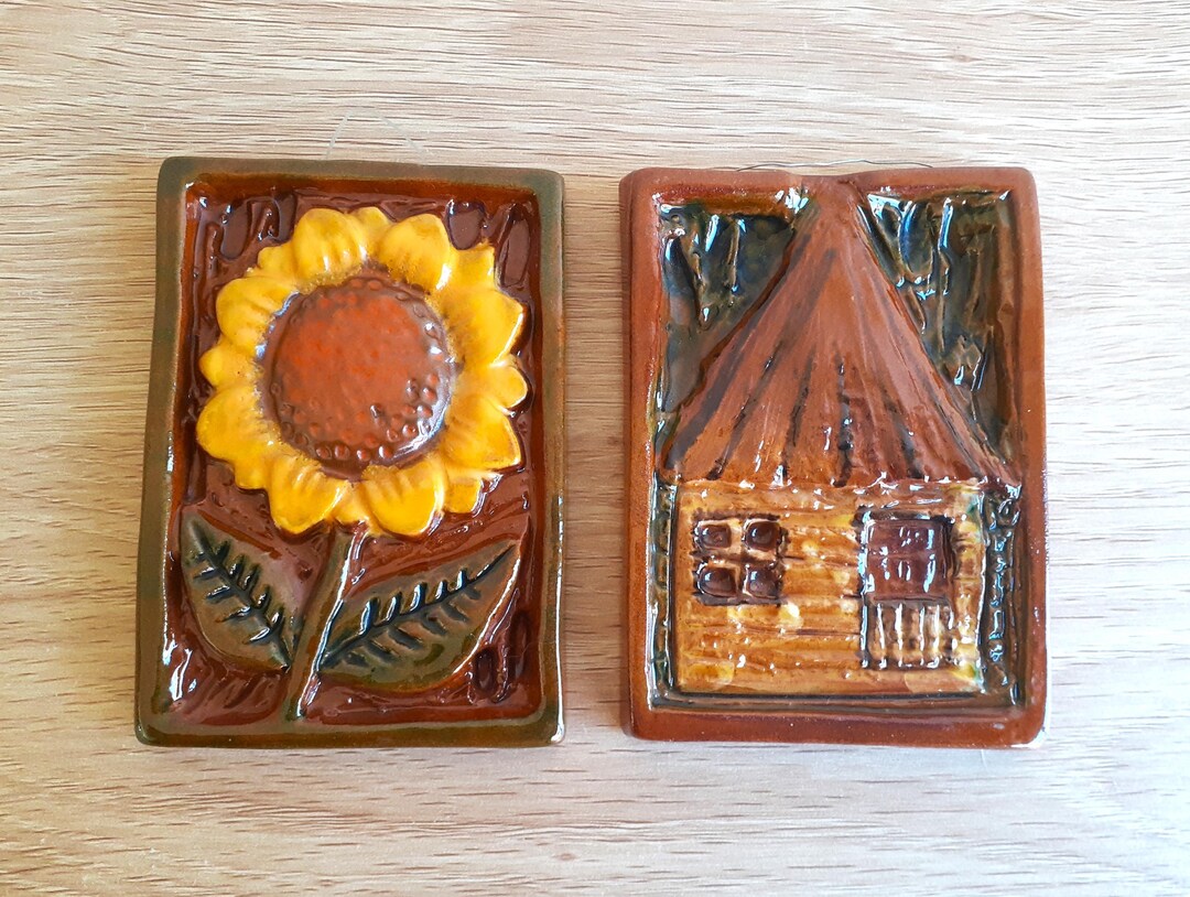 Two Cottage Terracotta Tiles for Wall Decor, One Sunflower and One ...