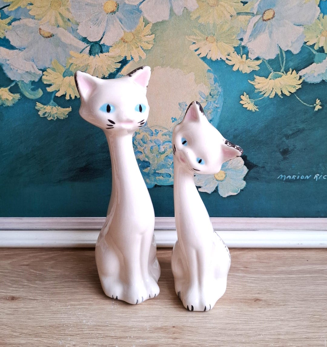 Vintage Kitsch Cat Figurines: Tall White Ceramic Cats, Mid-century ...