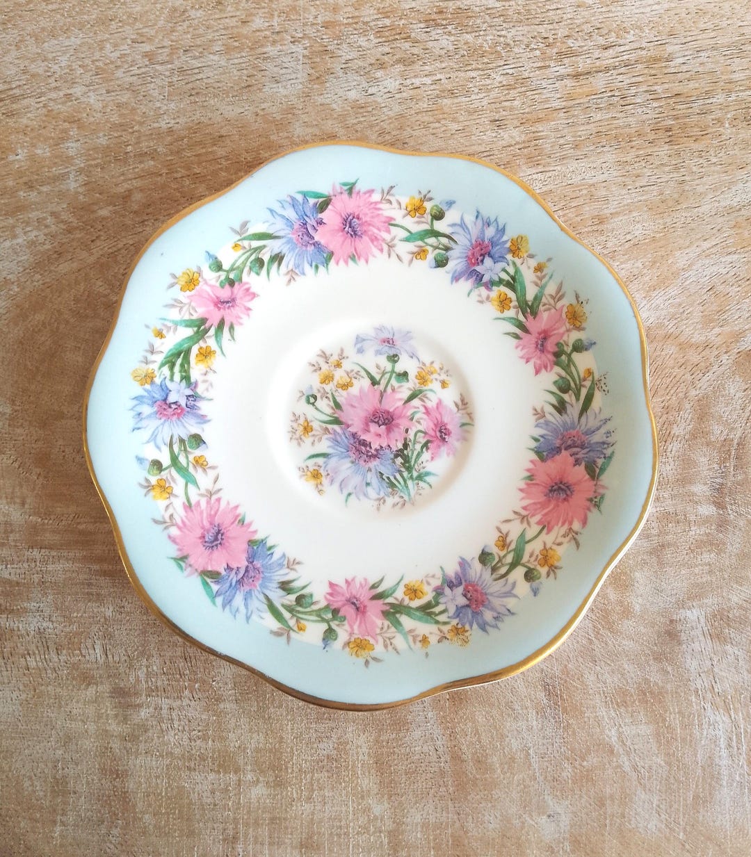 EB Foley Cornflower Blue Saucer, Floral on Blue, Bone China, Made in ...