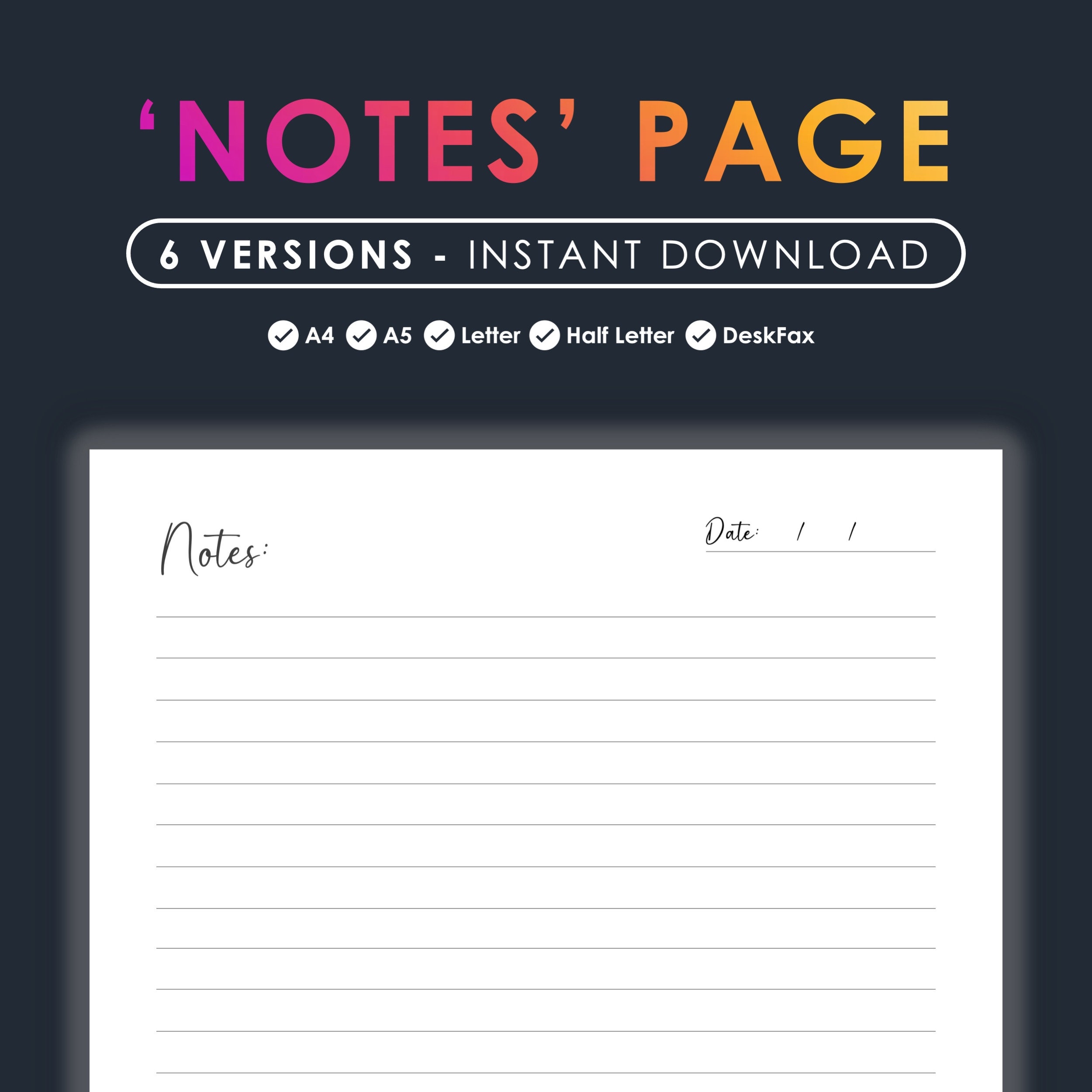 Notes Page Template Printable Notes Page Note Taking - Etsy