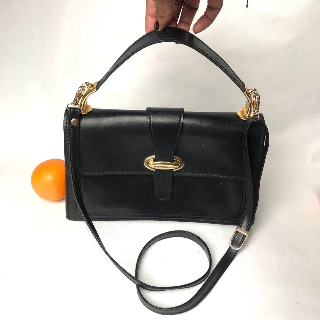 Vintage Black Leather Top Handle Purse | Ladylike Shoulder Bag | Gold ...