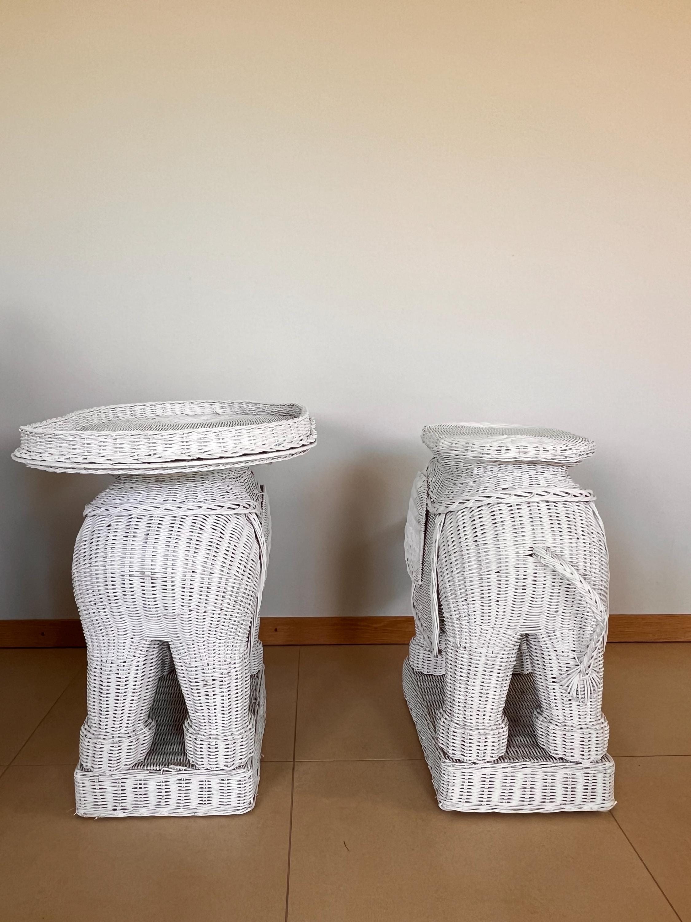 Pair of Vintage Wicker Elephant Tables – White Rattan Plant Stands ...