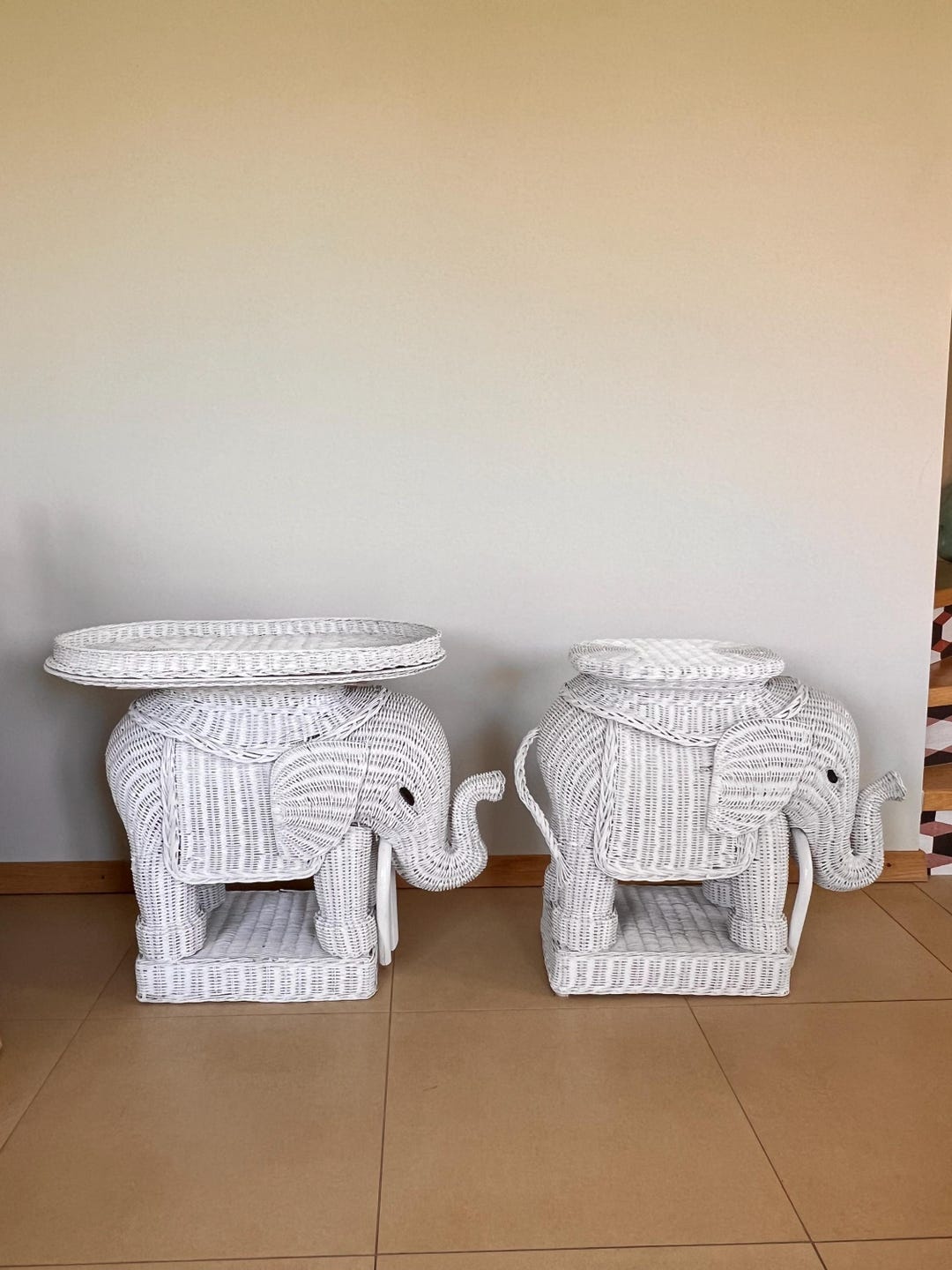 Pair of Vintage Wicker Elephant Tables – White Rattan Plant Stands ...