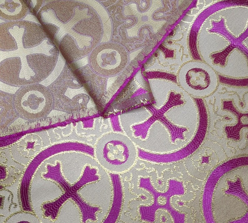 Liturgical Brocade Fabric Metallic Purple and Gold Cross Medallions ...