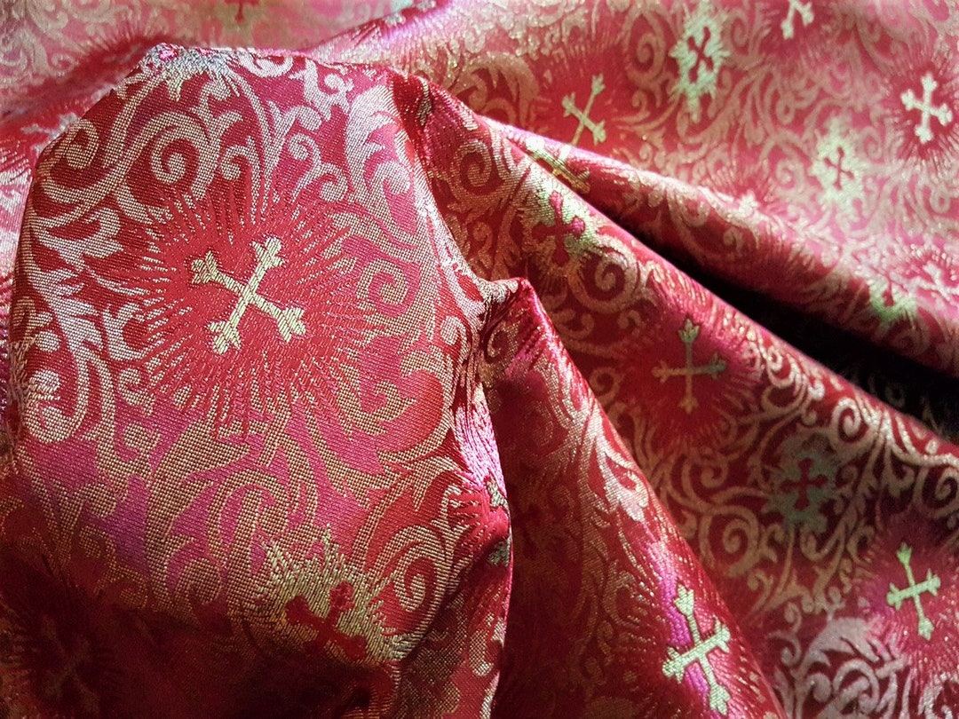 Small Crosses Liturgical Brocade Fabric Metallic Red and Gold Scroll ...