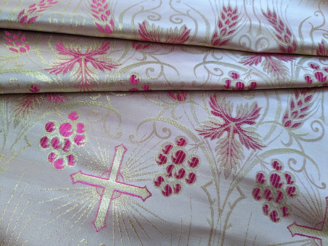 Liturgical Brocade Fabric Metallic Gold and Fuchsia Rani Pink Symbols ...