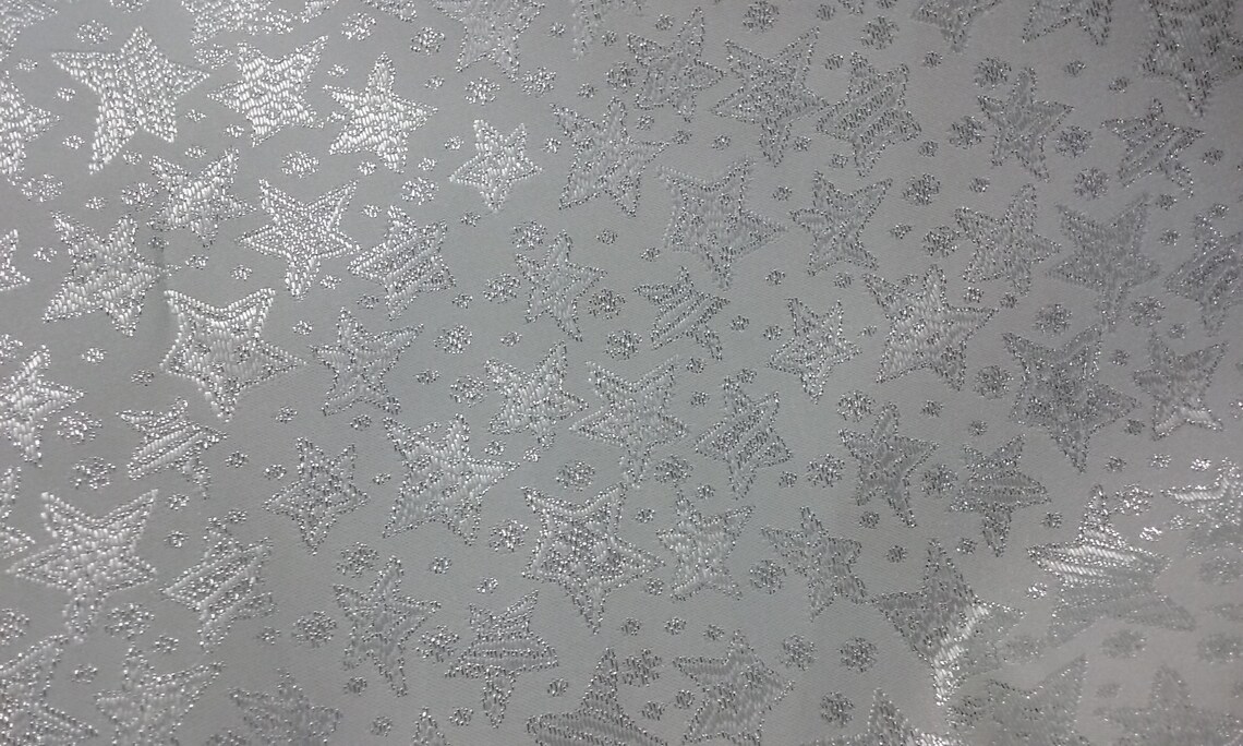 Silver White Metallic Brocade Stars Print Fabric BTY 57" W Seasonal ...