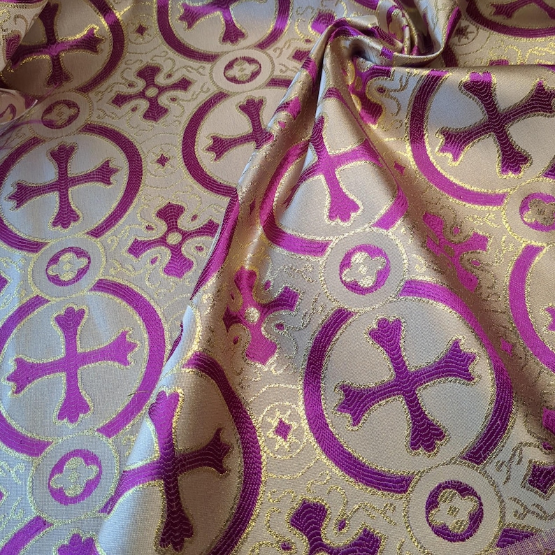 Liturgical Brocade Fabric Metallic Purple and Gold Cross Medallions ...