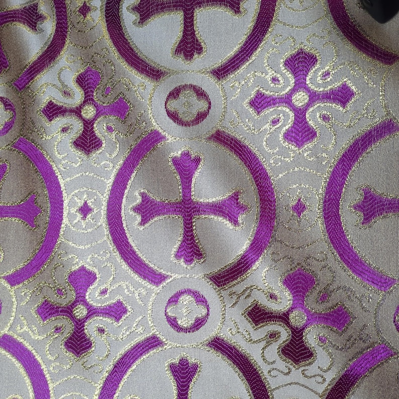Liturgical Brocade Fabric Metallic Purple and Gold Cross Medallions ...