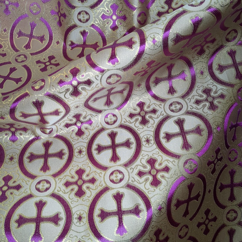 Liturgical Brocade Fabric Metallic Purple and Gold Cross Medallions ...