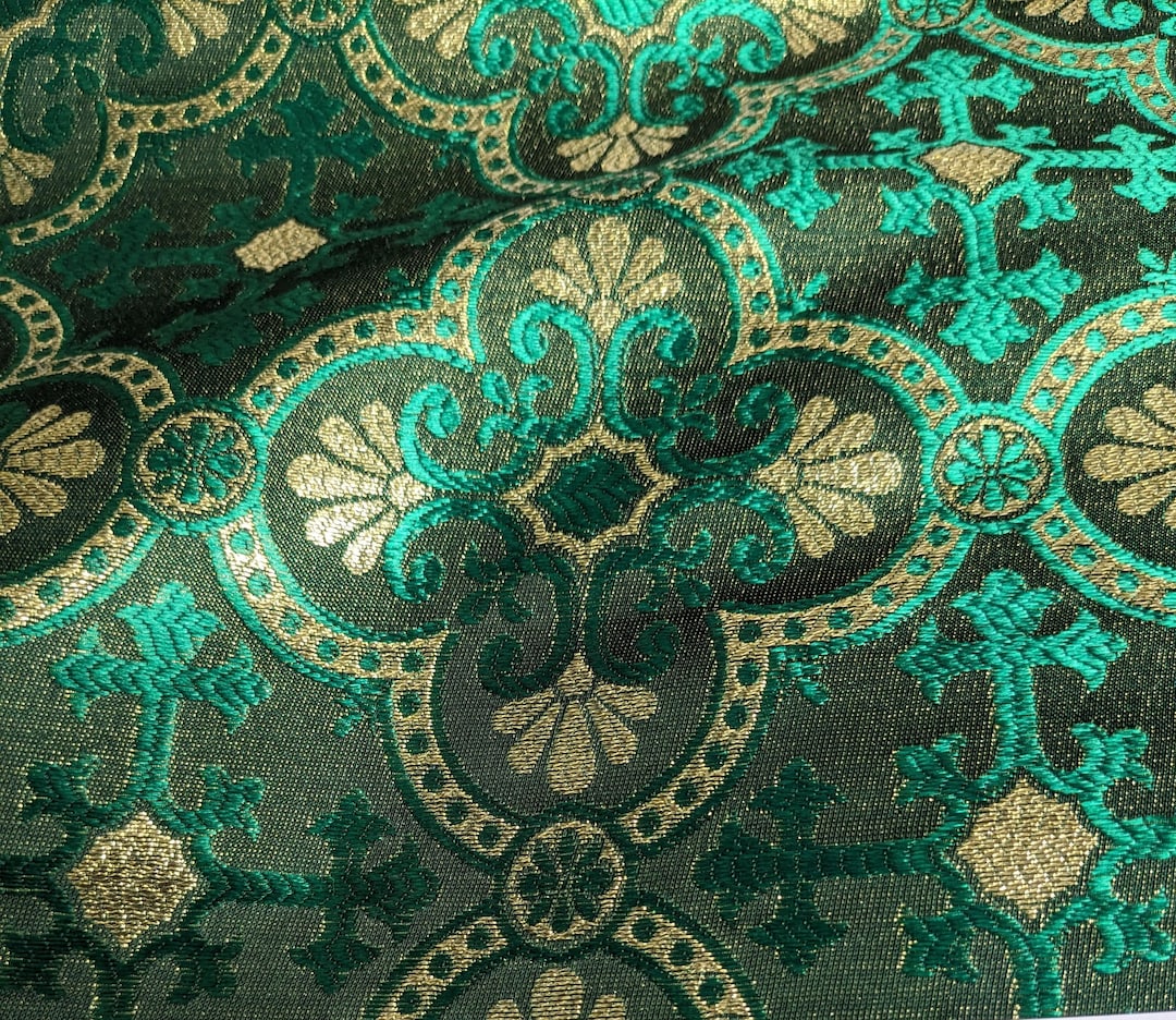 Green Gothic Liturgical Brocade Fabric by Yard Metallic Gold Cross ...