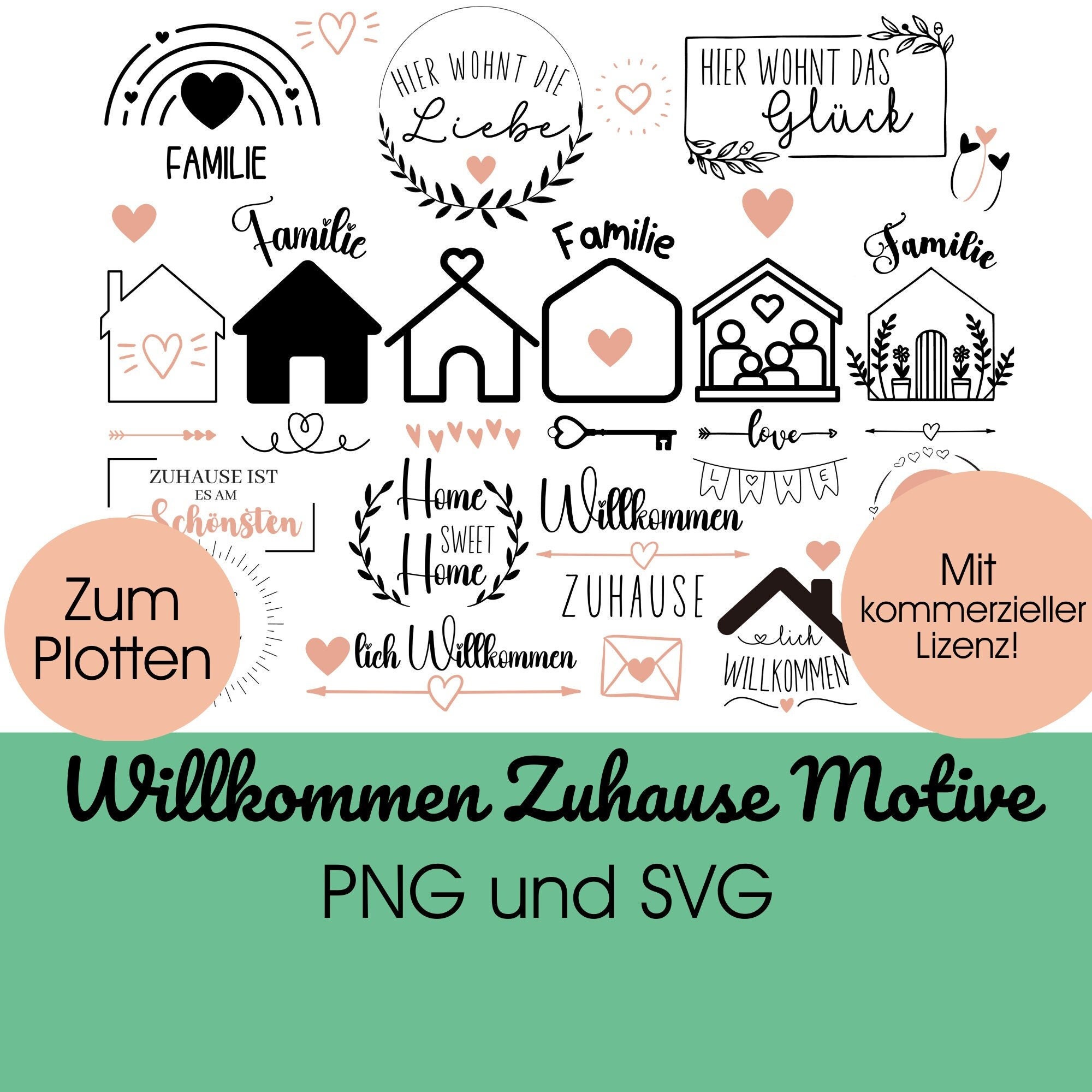 Plotterdatei WILLKOMMEN svg png Blumenhäuser | Einzug Plotten Haus Herz Liebe Bundle Kranz ...