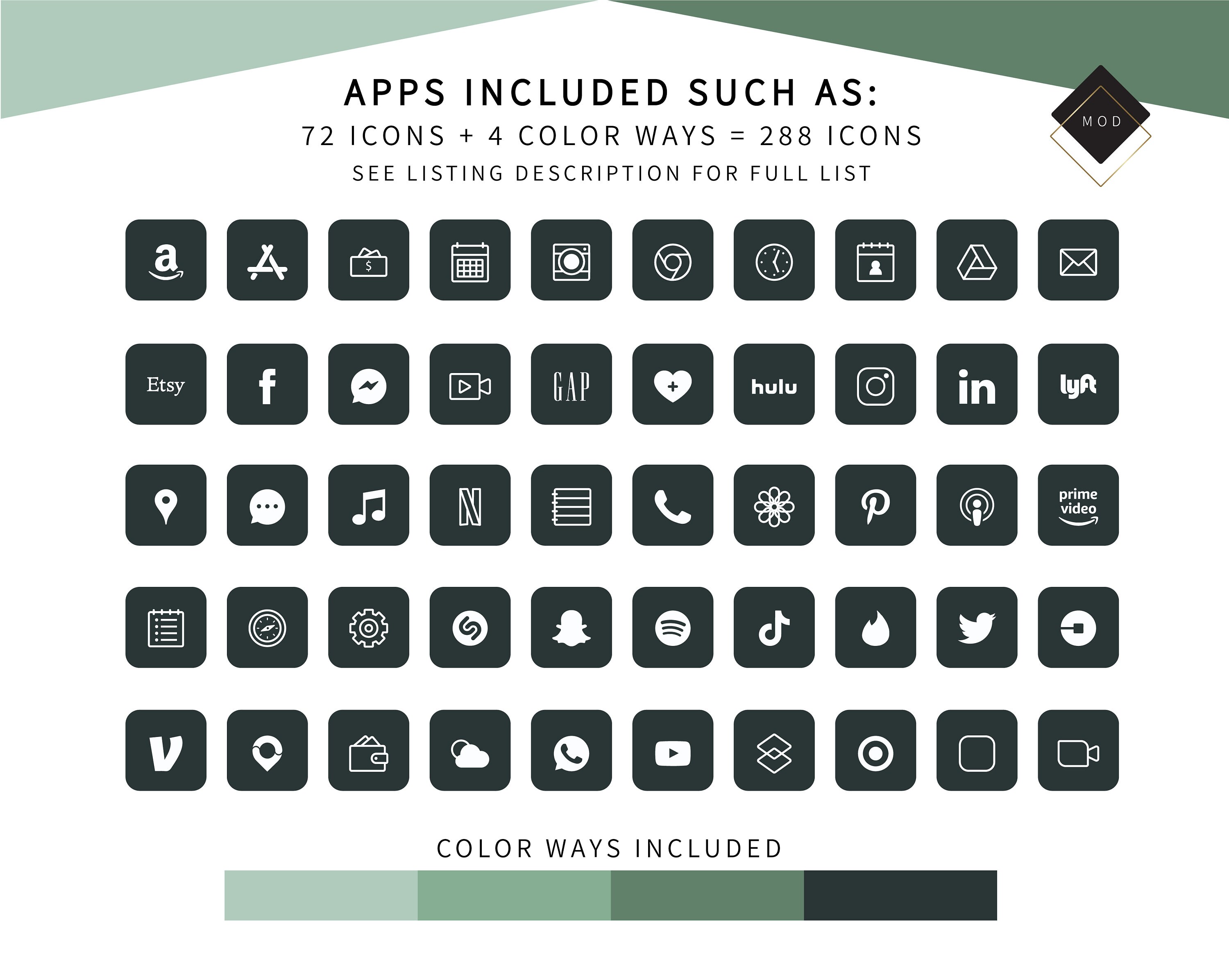 Mellow Out Green 288 Multi Color iPhone iOS14 App Icons 24 | Etsy