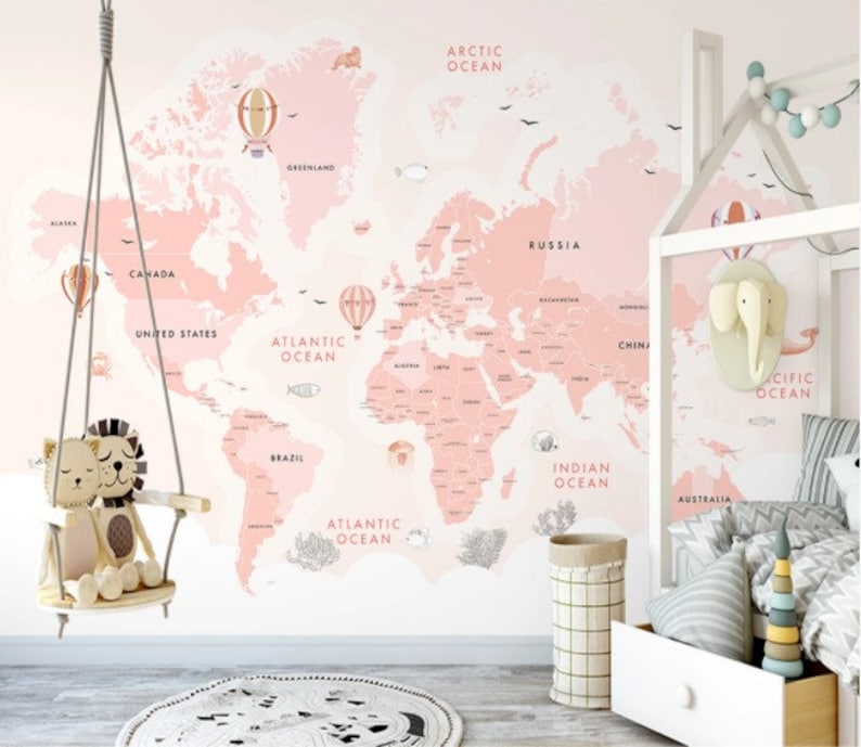 Pink World Map Wallpaper: Kids Nursery Wall Mural (peel and Stick) - Etsy