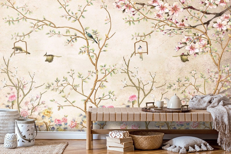 Floral Bird Tree Wall Mural: Watercolor Peel and Stick Wallpaper - Etsy