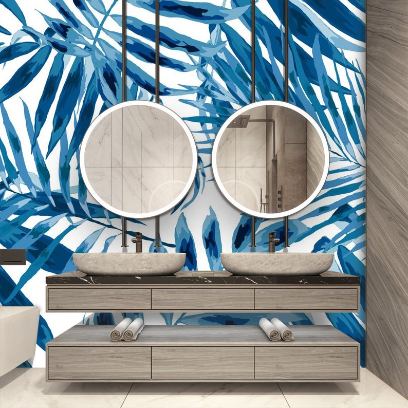 Blue Tropical Leaves Wallpaper Watercolor Indigo Palm Tropical - Etsy