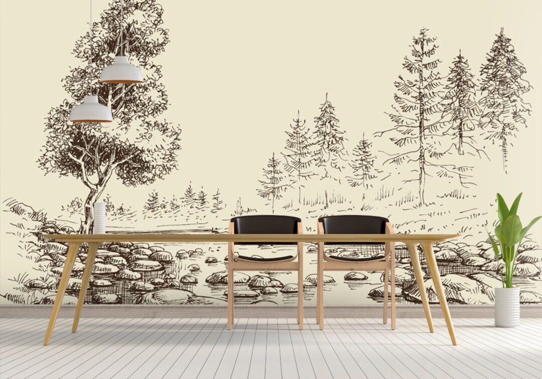 Nature Landscape Wall Mural Abstract Trees and River Wallpaper Peel and ...