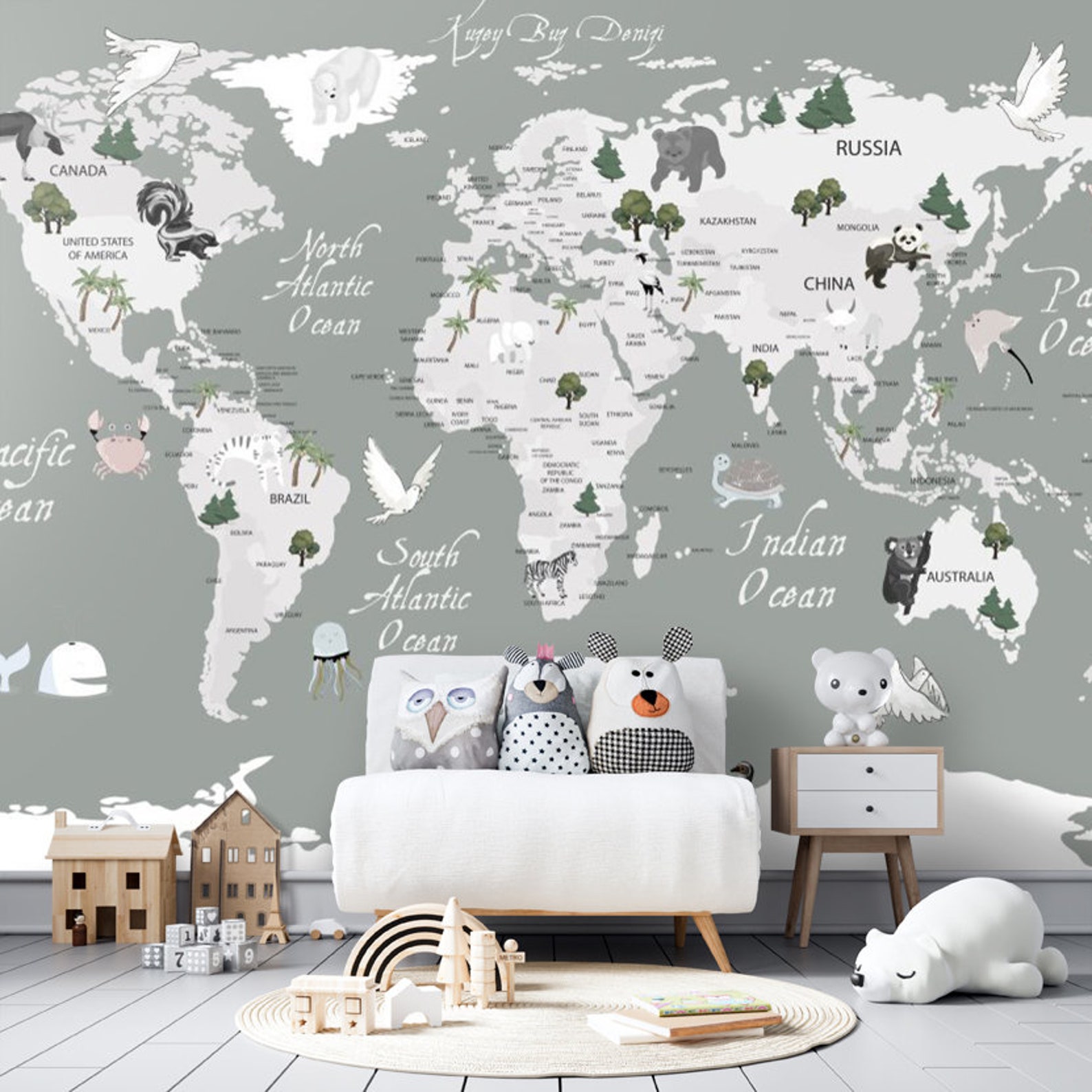 Grey Color World Map for Kids Wallpaper Peel and Stick Easy - Etsy Canada
