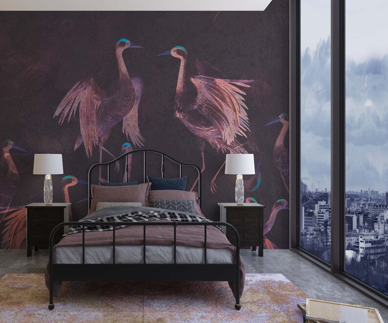 Dark Crane Birds Wallpaper Vintage Crane Wall Murals - Etsy