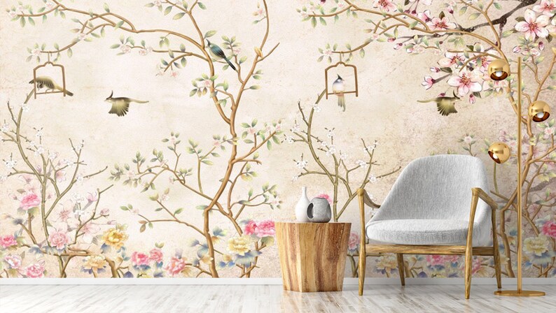 Floral Bird Tree Wall Mural: Watercolor Peel and Stick Wallpaper - Etsy