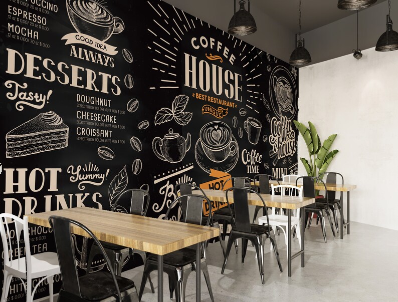 Coffee Shop Wallpaper: Dark Cafe Wall Mural, Peel and Stick - Etsy