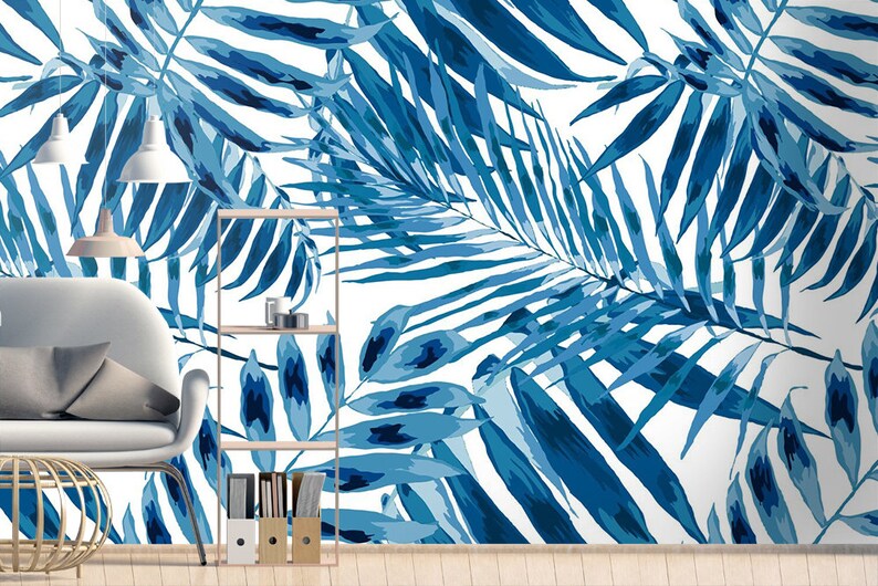 Blue Tropical Leaves Wallpaper Watercolor Indigo Palm Tropical | Etsy