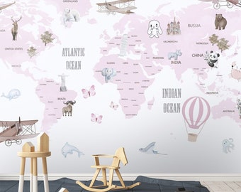 Pink for Girls Kids World Map Cartoon With Cute Animals Wallpaper Self ...