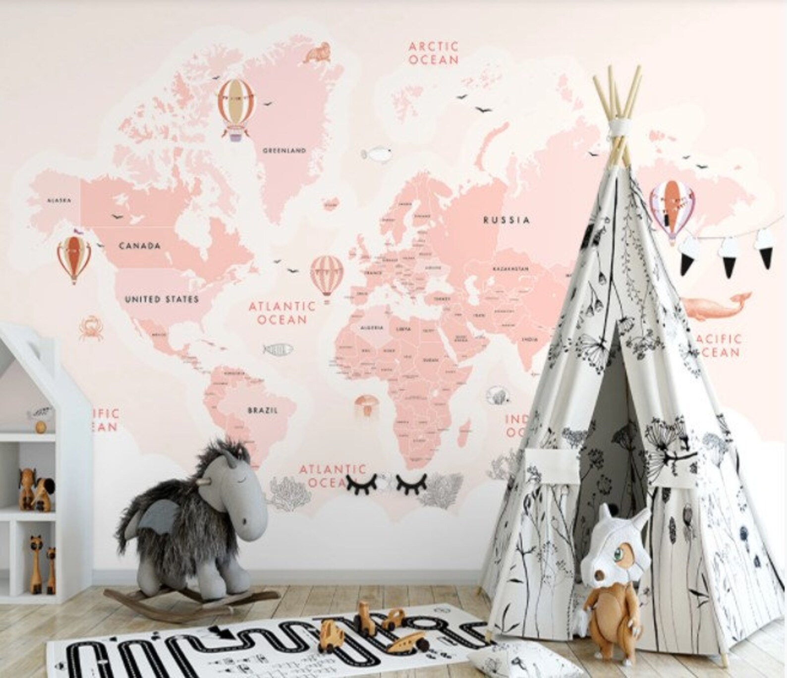 Pink World Map Wallpaper: Kids Nursery Wall Mural (peel and Stick) - Etsy