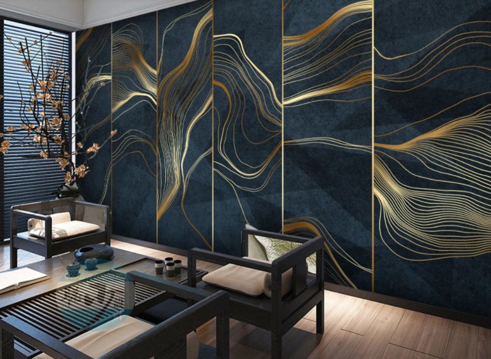 Gold Lines Geometric Wallpaperart Deco Wall Mural Peel and - Etsy