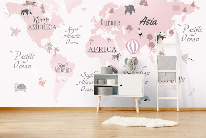 Pink Color World Map for Kids Wallpaper Peel and Stick Easy - Etsy