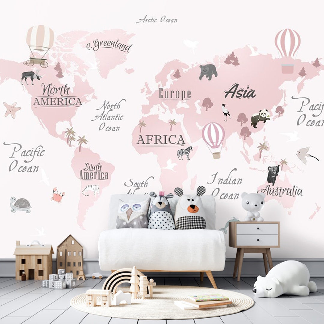 Pink Color World Map for Kids Wallpaper Peel and Stick Easy Removable ...