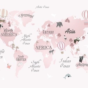 Pink Color World Map for Kids Wallpaper Peel and Stick Easy Removable ...