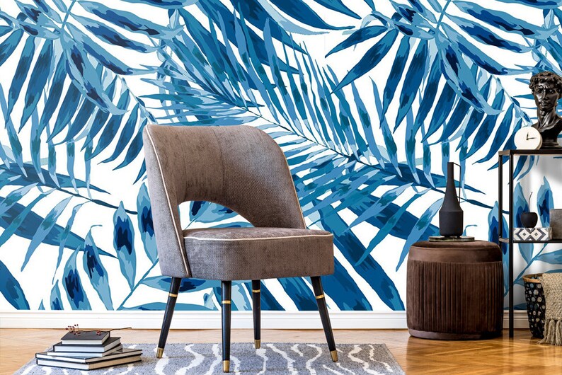 Blue Tropical Leaves Wallpaper Watercolor Indigo Palm Tropical | Etsy