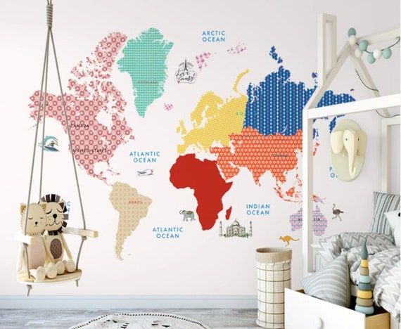 Colorful World Map Kids Wallpaper Peel and Stick Animals Map - Etsy
