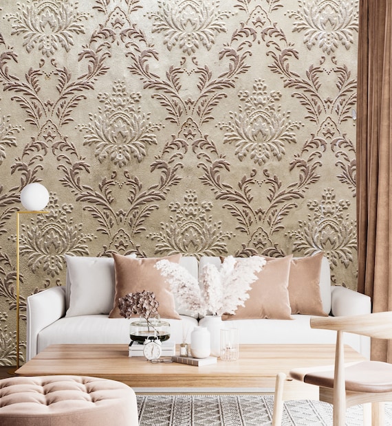 Modern Damask Wallpaper Peel and Stick Easy Removable Pattern Gray and Cream Wallpaper Living Room Wall Mural Etsy