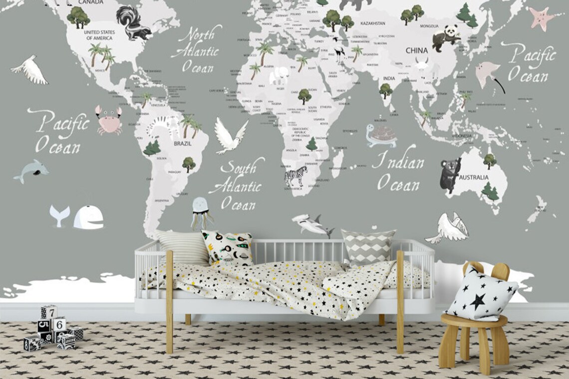 Grey Color World Map for Kids Wallpaper Peel and Stick Easy - Etsy Canada