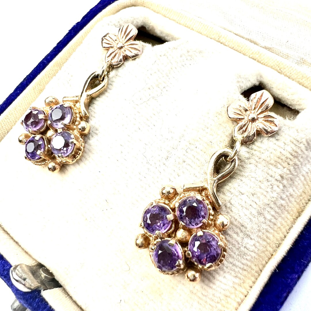 Vintage Amethyst 9CT Gold Flower Cluster Earrings - Etsy