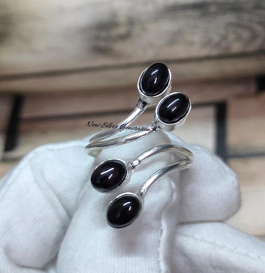Natural Black Onyx Ring: Handmade 925 Sterling Silver Four Stone July ...